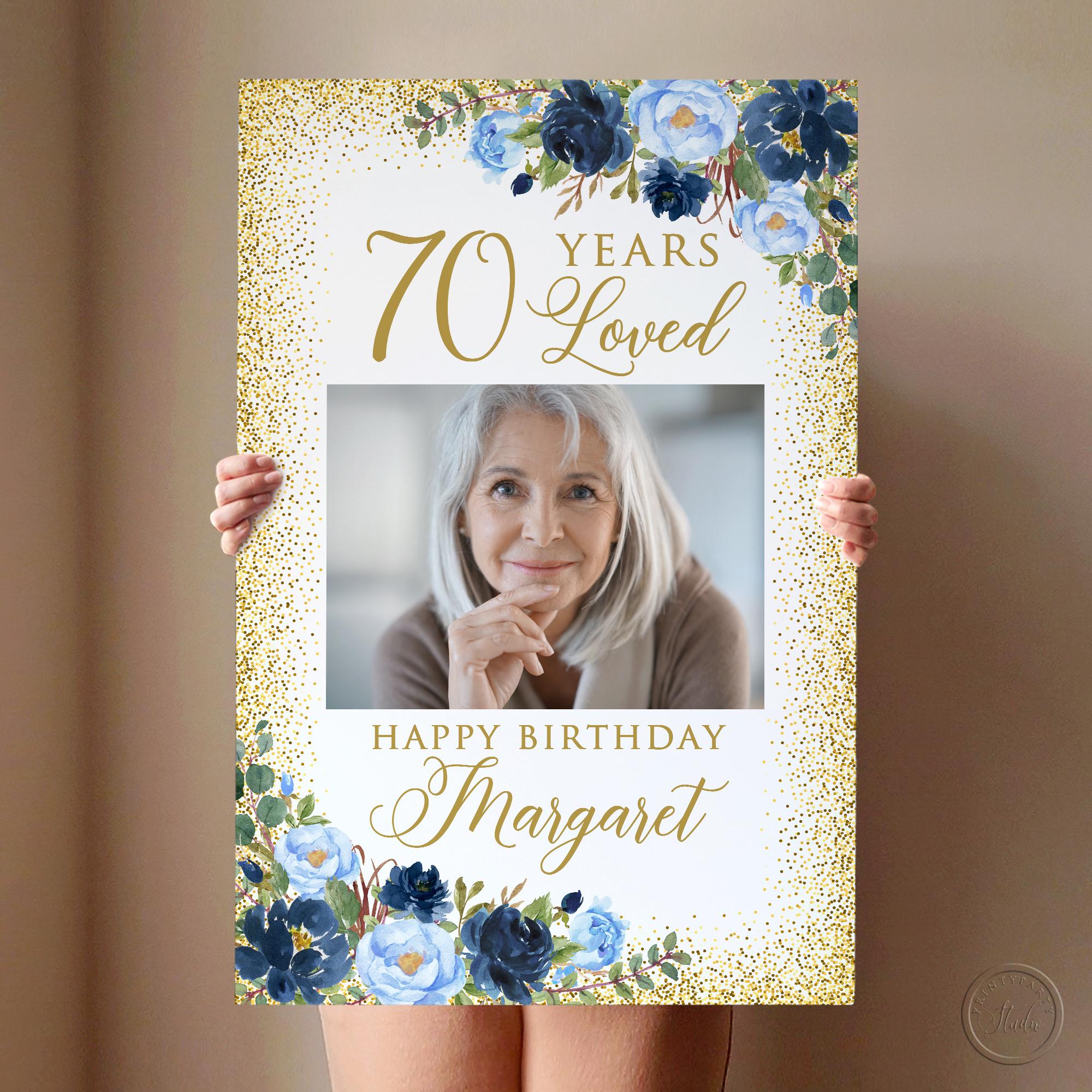 PRINTED or DIGITAL Blue Floral 70th Birthday Welcome Sign With Photo ...