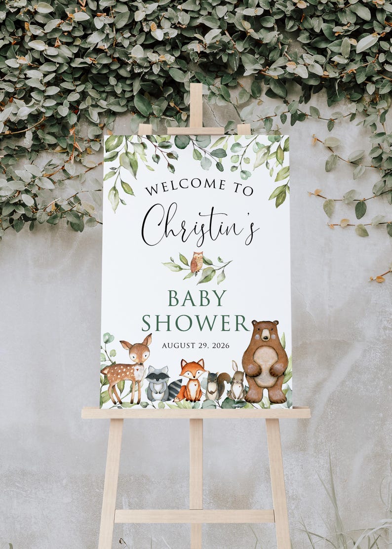 PRINTED or DIGITAL Greenery Woodland Baby Shower Welcome Sign With Cute ...