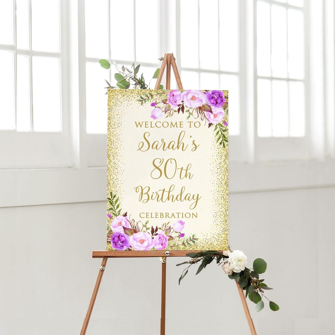 Printed 80th Birthday Welcome Sign With Watercolor Purple Flowers, Faux ...