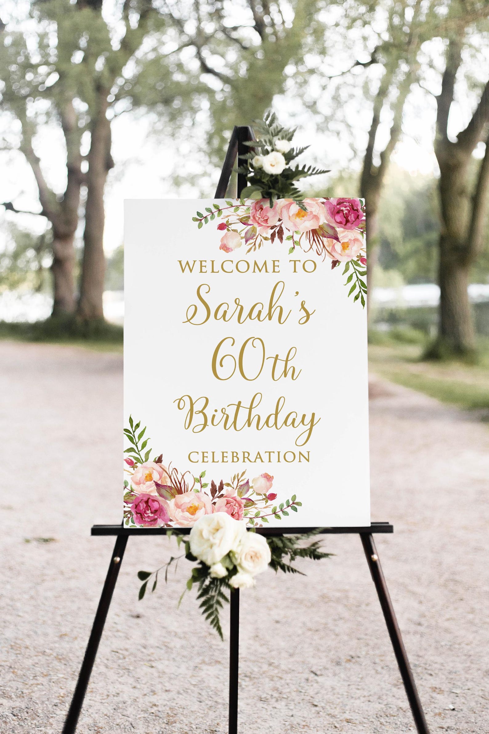 PRINTED Floral 60th Birthday Welcome Sign, Pink Birthday Sign Any Age ...