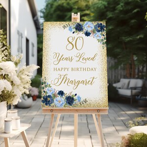 PRINTED or DIGITAL 80th Birthday Welcome Sign, Blue Floral Birthday ...