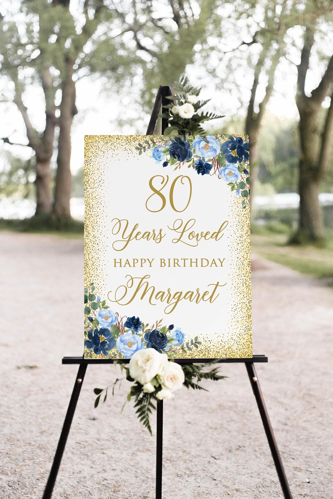 PRINTED or DIGITAL 80th Birthday Welcome Sign, Blue Floral Birthday ...