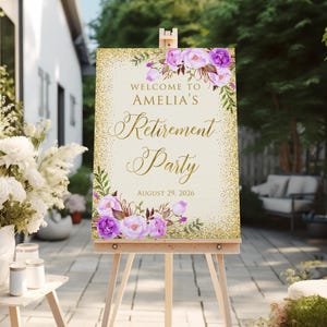Purple Retirement Welcome Sign, Printed Retirement Party Sign, Floral ...