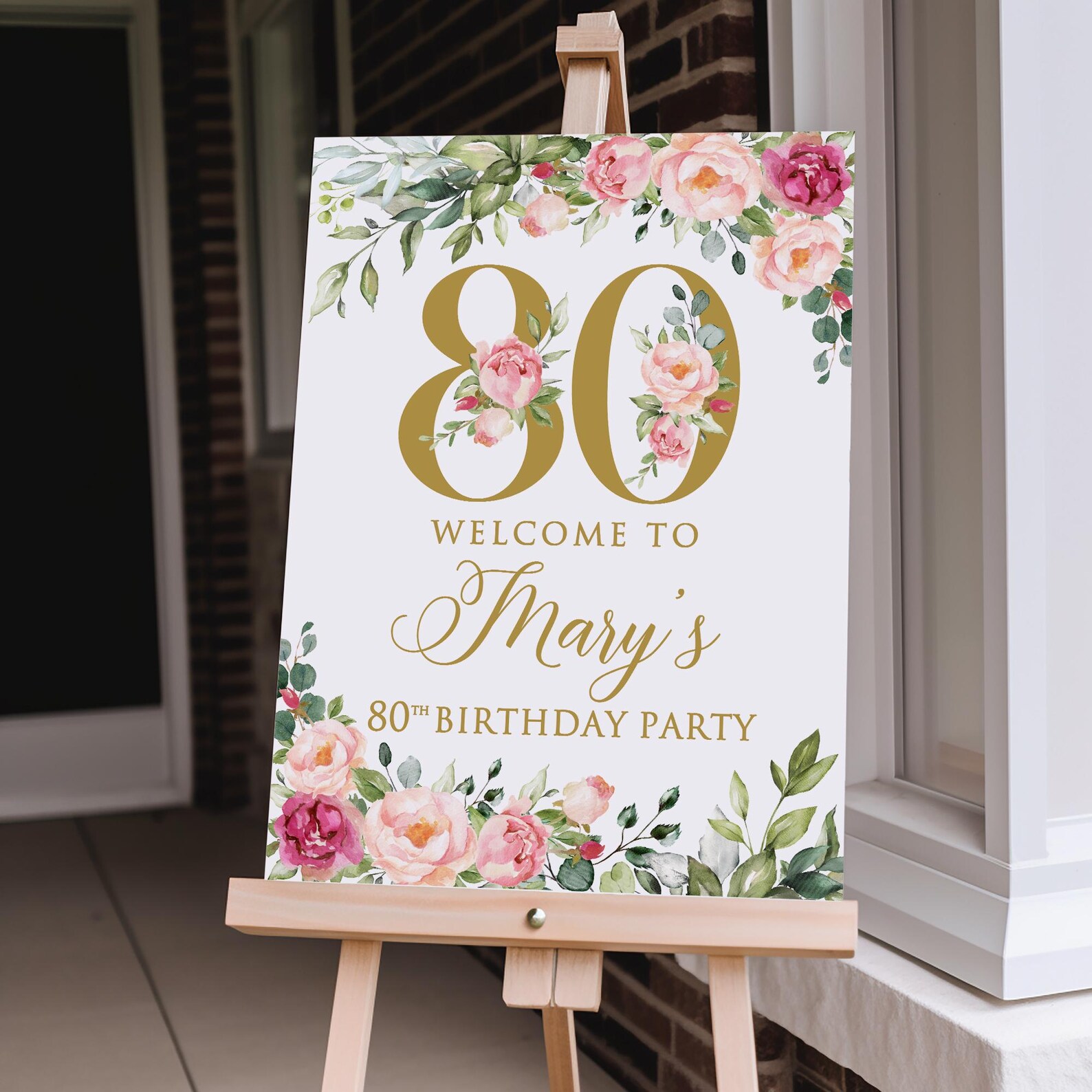 PRINTED or DIGITAL Pink Floral 80th Birthday Welcome Sign, Foam Board ...