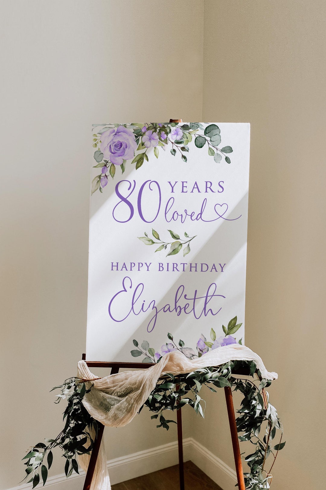 PRINTED 80th Birthday Welcome Sign, 80 Years Loved Sign, Floral Purple ...