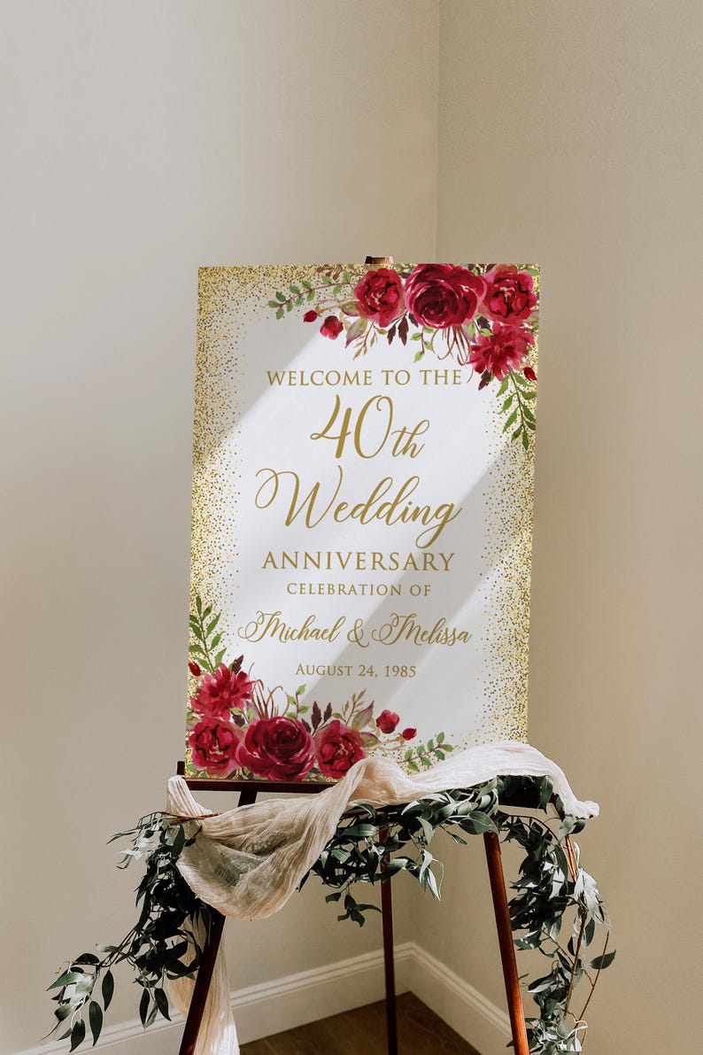 Cartel de bienvenida para 40.º aniversario de bodas con flores rojas ...