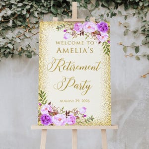 Purple Retirement Welcome Sign, Printed Retirement Party Sign, Floral ...