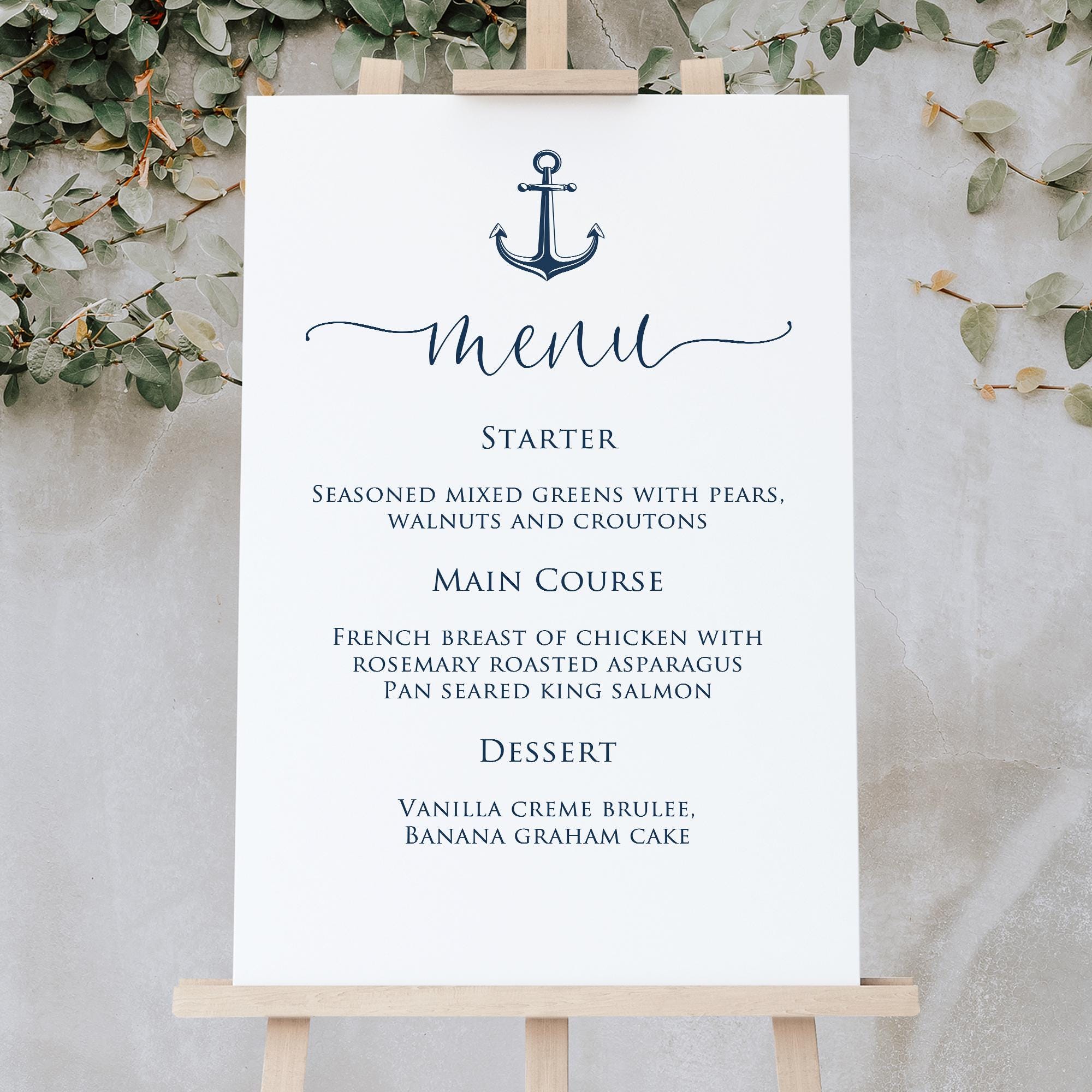 PRINTED or DIGITAL Navy Nautical Menu Sign, Anchor Wedding Menu Sign ...