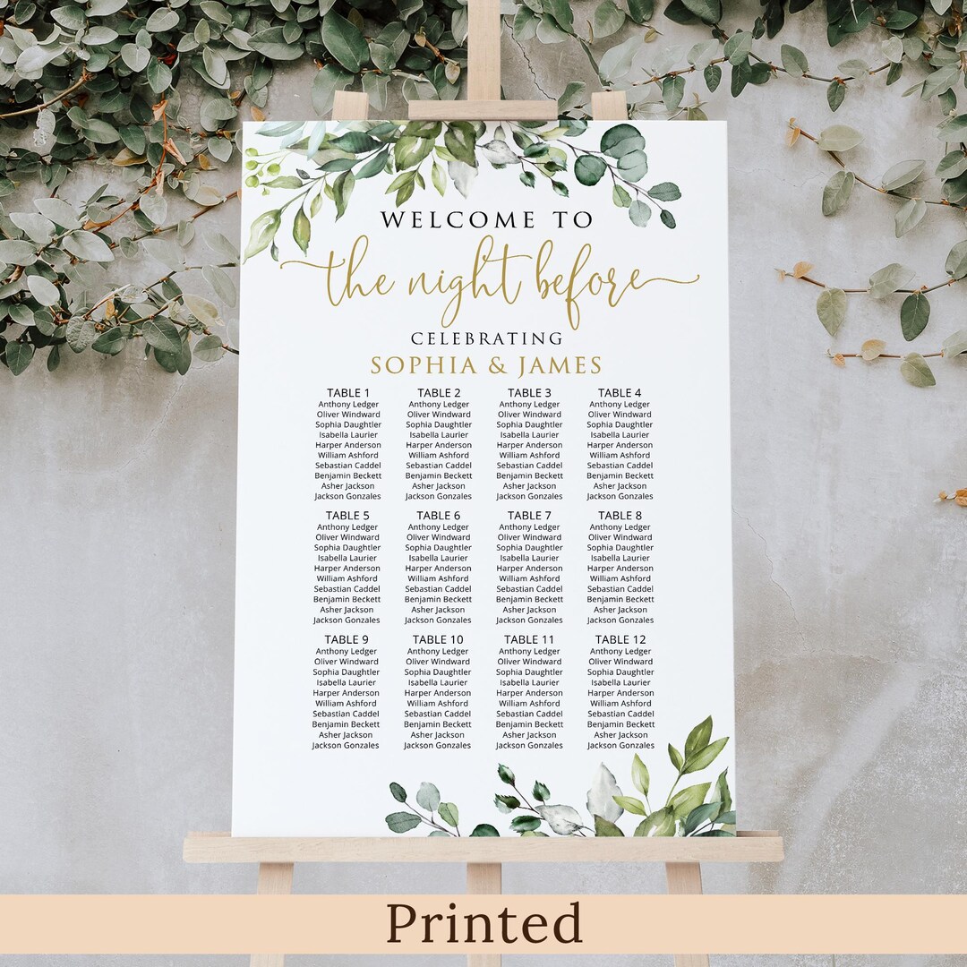 PRINTED Rehearsal Seating Chart, Greenery Rehearsal Dinner Seating Plan ...