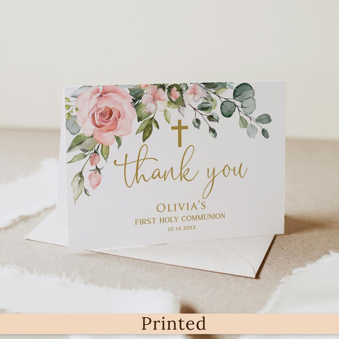 PRINTED or DIGITAL Pink Floral First Holy Communion Folded Thank You ...