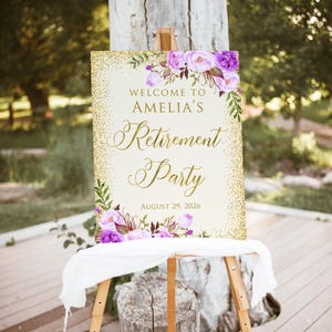 Purple Retirement Welcome Sign, Printed Retirement Party Sign, Floral ...