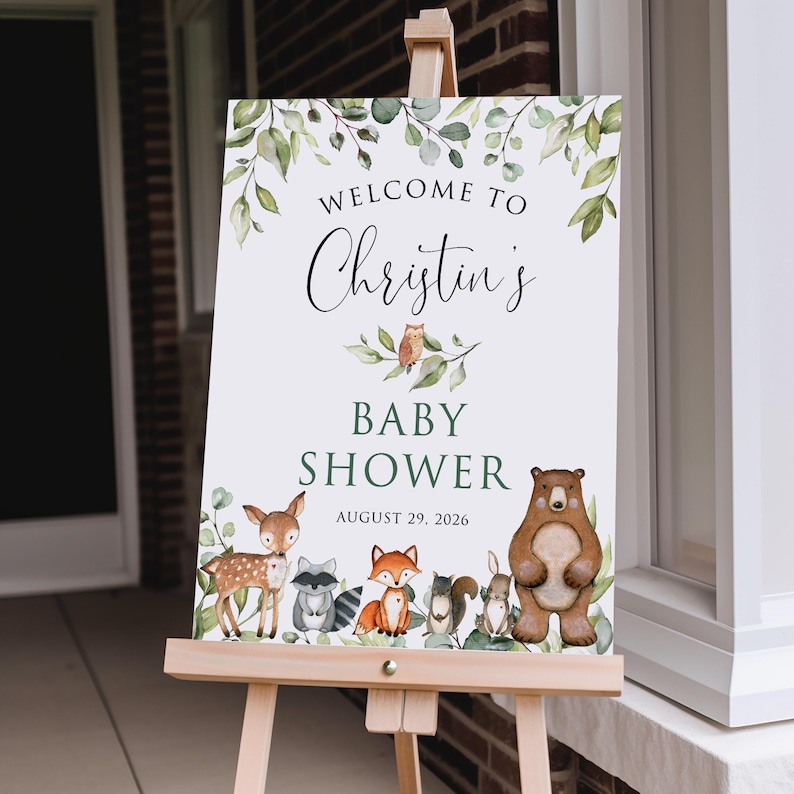PRINTED or DIGITAL Greenery Woodland Baby Shower Welcome Sign With Cute ...