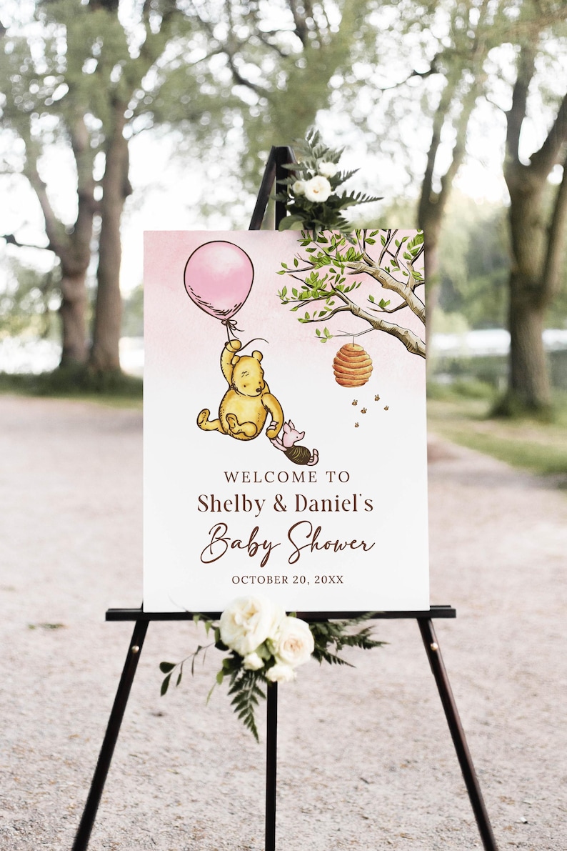 PRINTED or DIGITAL Pink Winnie the Pooh Baby Shower Welcome Sign, Baby ...