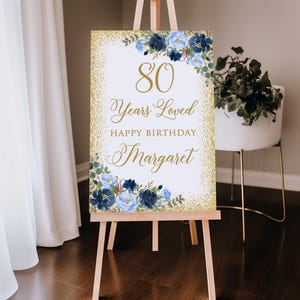 PRINTED or DIGITAL 80th Birthday Welcome Sign, Blue Floral Birthday ...