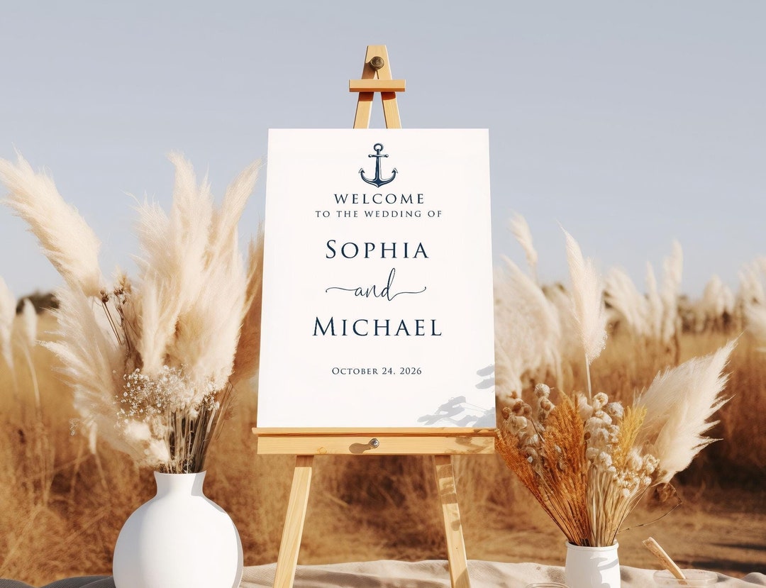 Navy Nautical Wedding Welcome Sign With Anchor and Calligraphy Blue ...