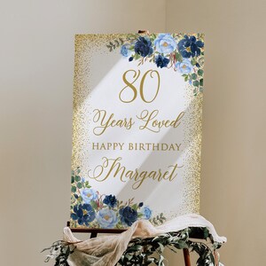 PRINTED or DIGITAL 80th Birthday Welcome Sign, Blue Floral Birthday ...