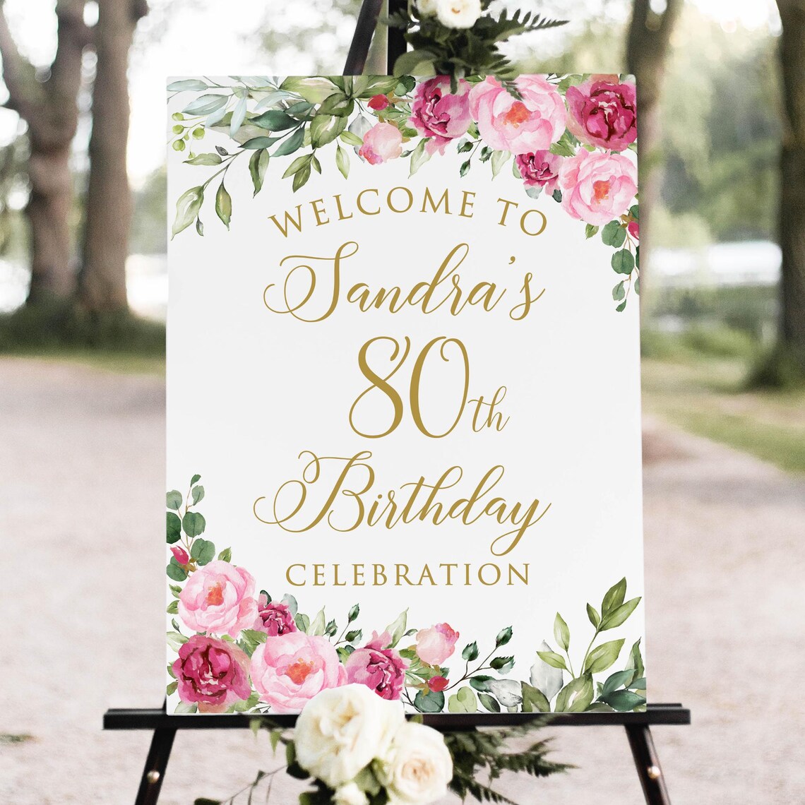 PRINTED or DIGITAL Pink Floral 80th Birthday Welcome Sign, Foam Board ...