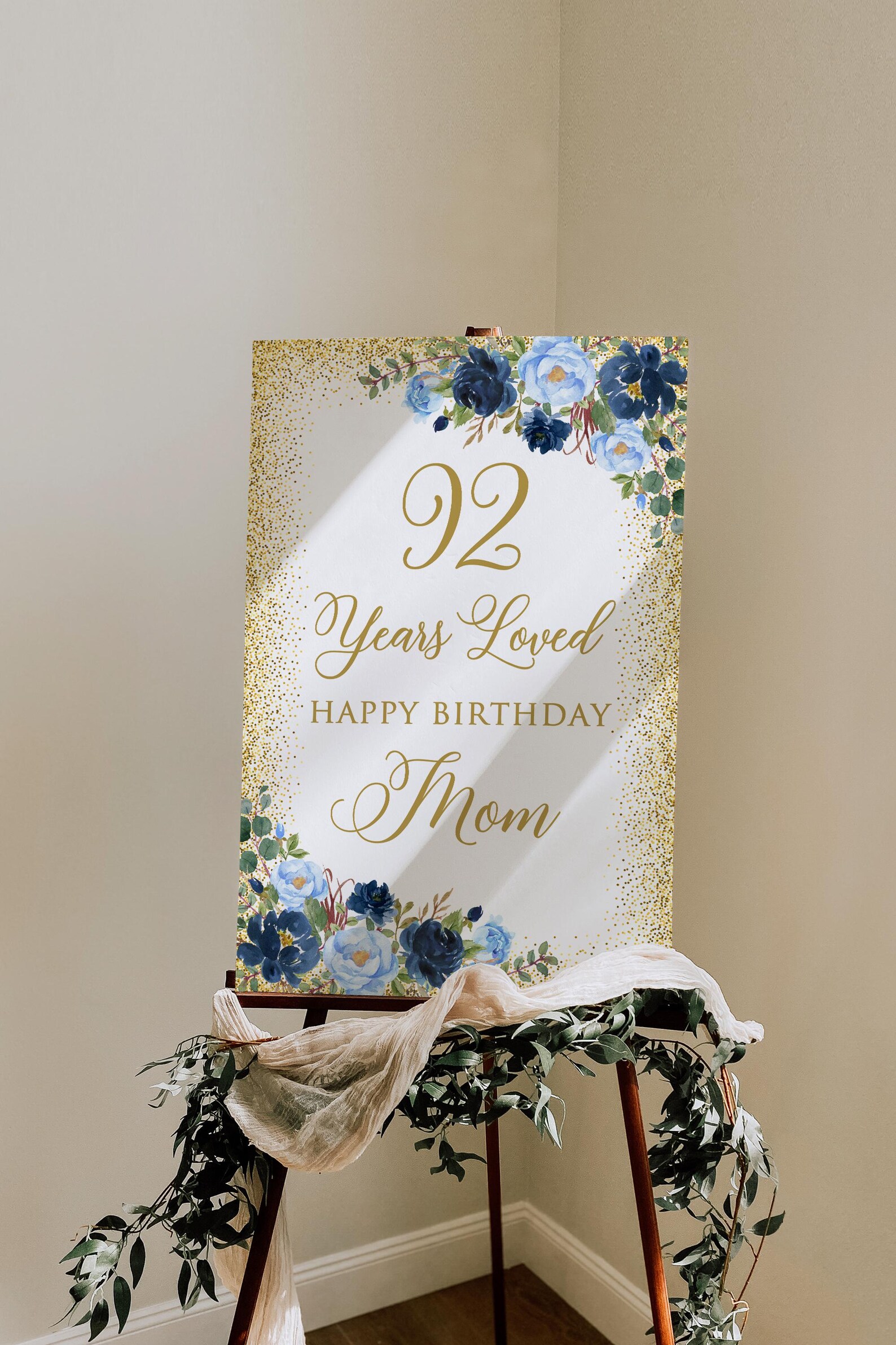 PRINTED Birthday Welcome Sign, 90th Birthday Sign, Blue Floral Welcome ...