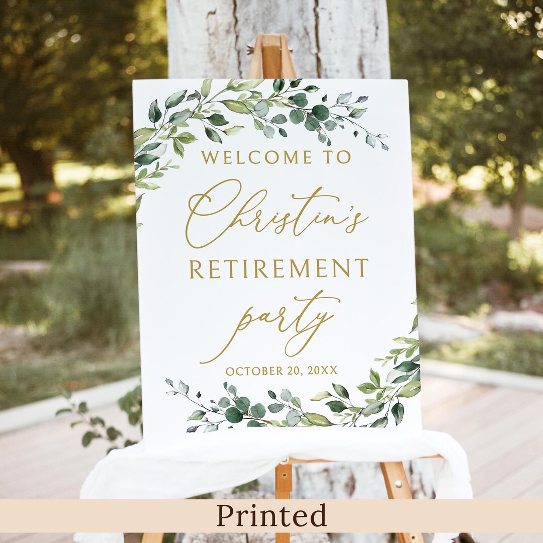PRINTED Retirement Welcome Sign With Watercolor Greenery and Faux Gold ...