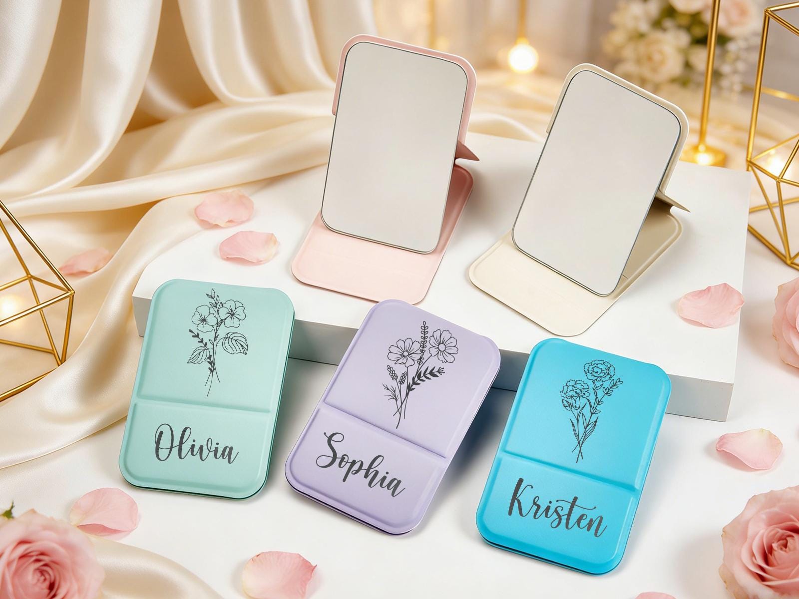 Custom Birth Flower Leather Compact Mirror, Personalized Name Makeup ...