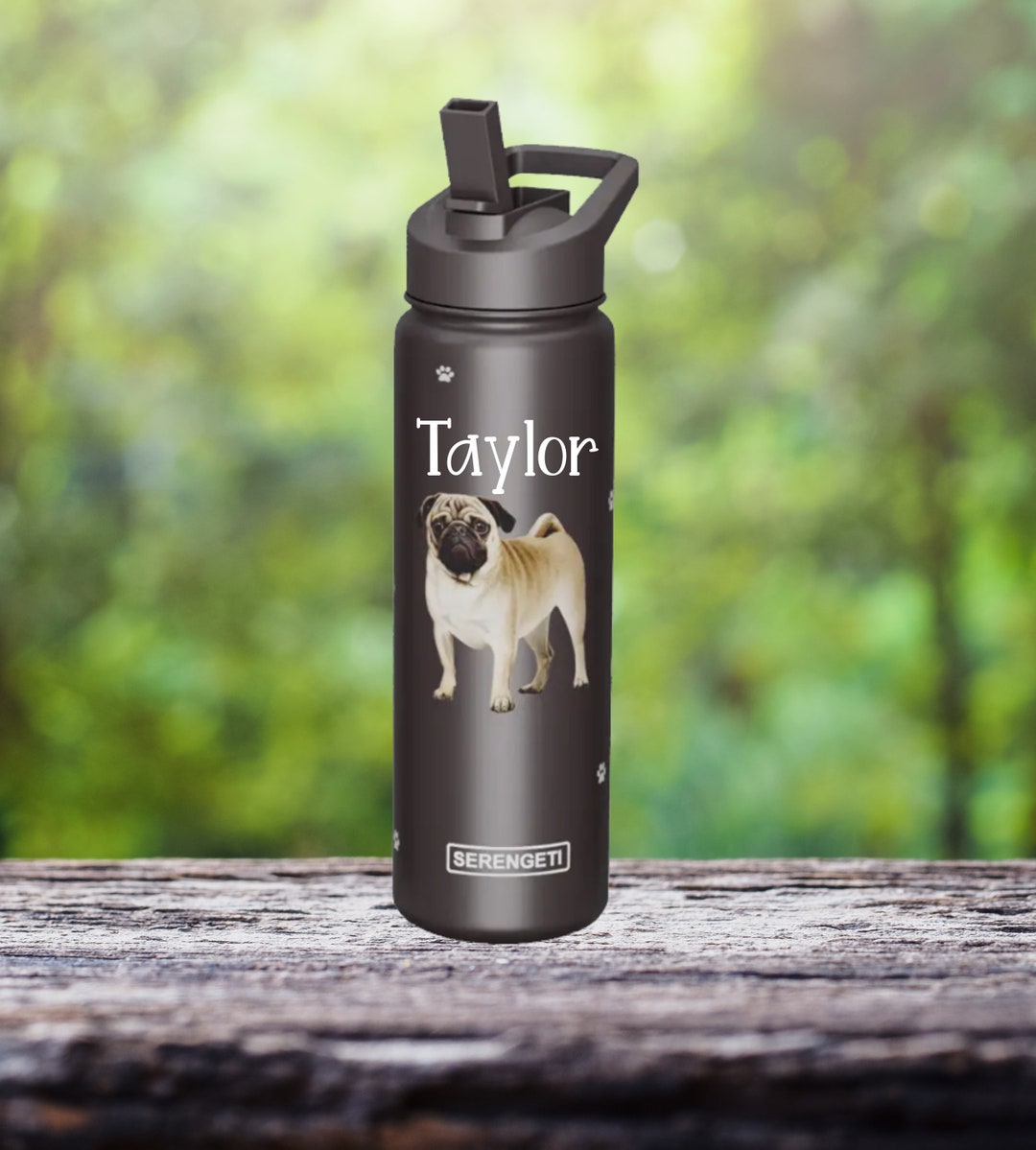 Pug - Personalized, Stainless Steel Water Bottle, 3D Image, Vinyl Name ...