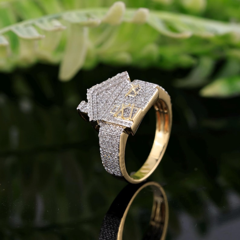 10K Yellow Gold Trap House Ring | 0.96 Carat Round Diamond Trap House ...