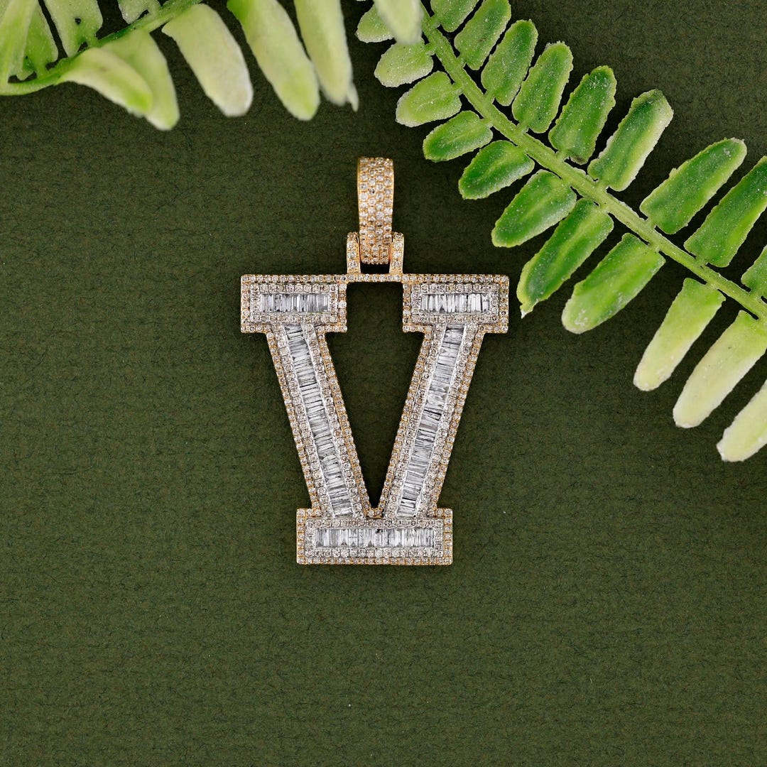 2.52 Carat Diamond V Initial Pendant | 14K Two Tone Gold - Etsy