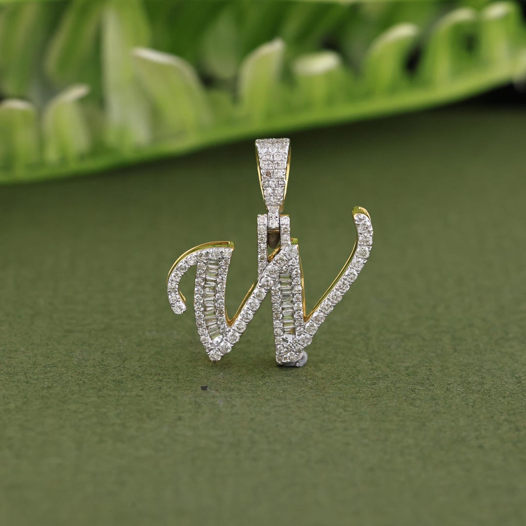 10k Yellow Gold Initial Letter Pendant | Round and Baguette Diamond 'W ...