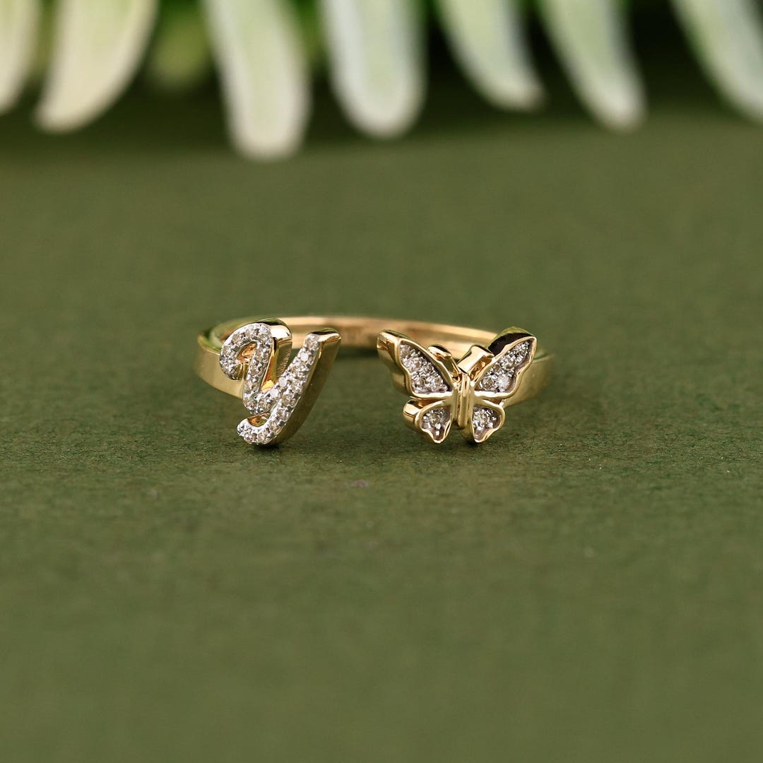 10K Yellow Gold Diamond Initial Ring | Butterfly Letter Ring - Etsy