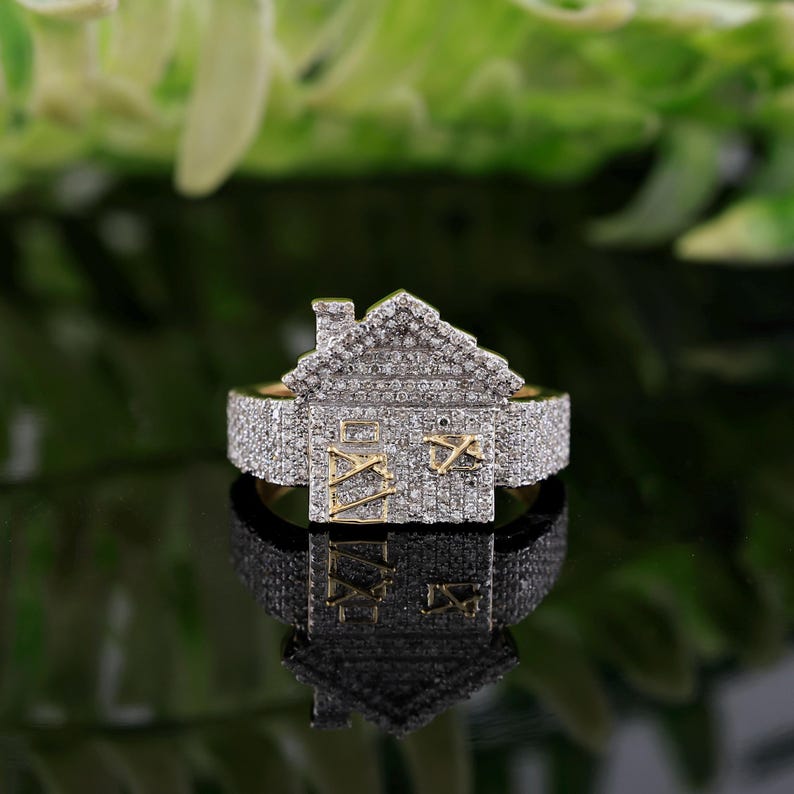 10K Yellow Gold Trap House Ring | 0.96 Carat Round Diamond Trap House ...