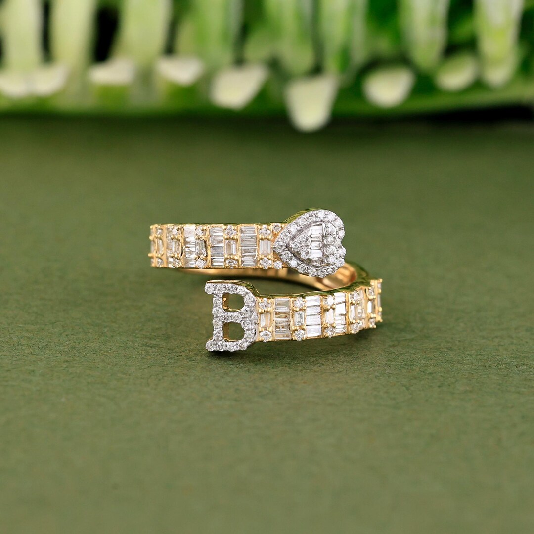 14K Yellow Gold Initial Letter ' B ' Ring | 0.86 Carat Round and ...