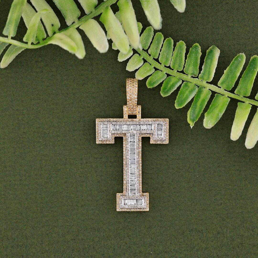 1.87 Carat Diamond T Initial Letter Pendant | 14K Two Tone Round and ...