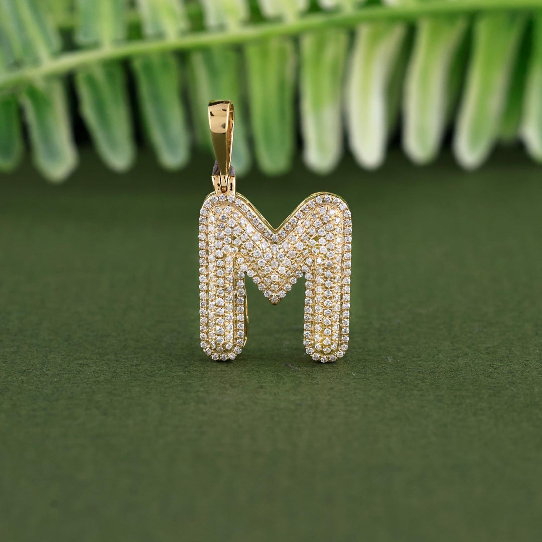 Yellow Gold Initial 'M' Letter Pendant | Round Diamond 'M' Letter ...