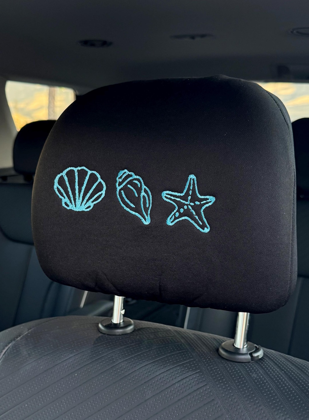 Embroidered Sea Shell Car Headrest Covers, Coastal Car Decor (set of 2 ...