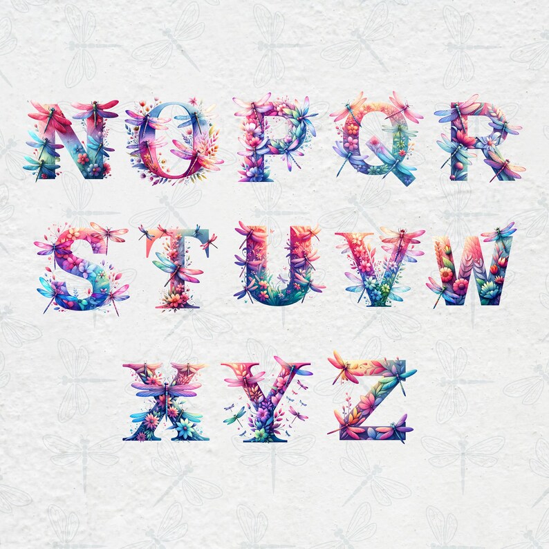26 PNG, Watercolor Dragonflies Alphabet Collection Clipart, Colorful ...