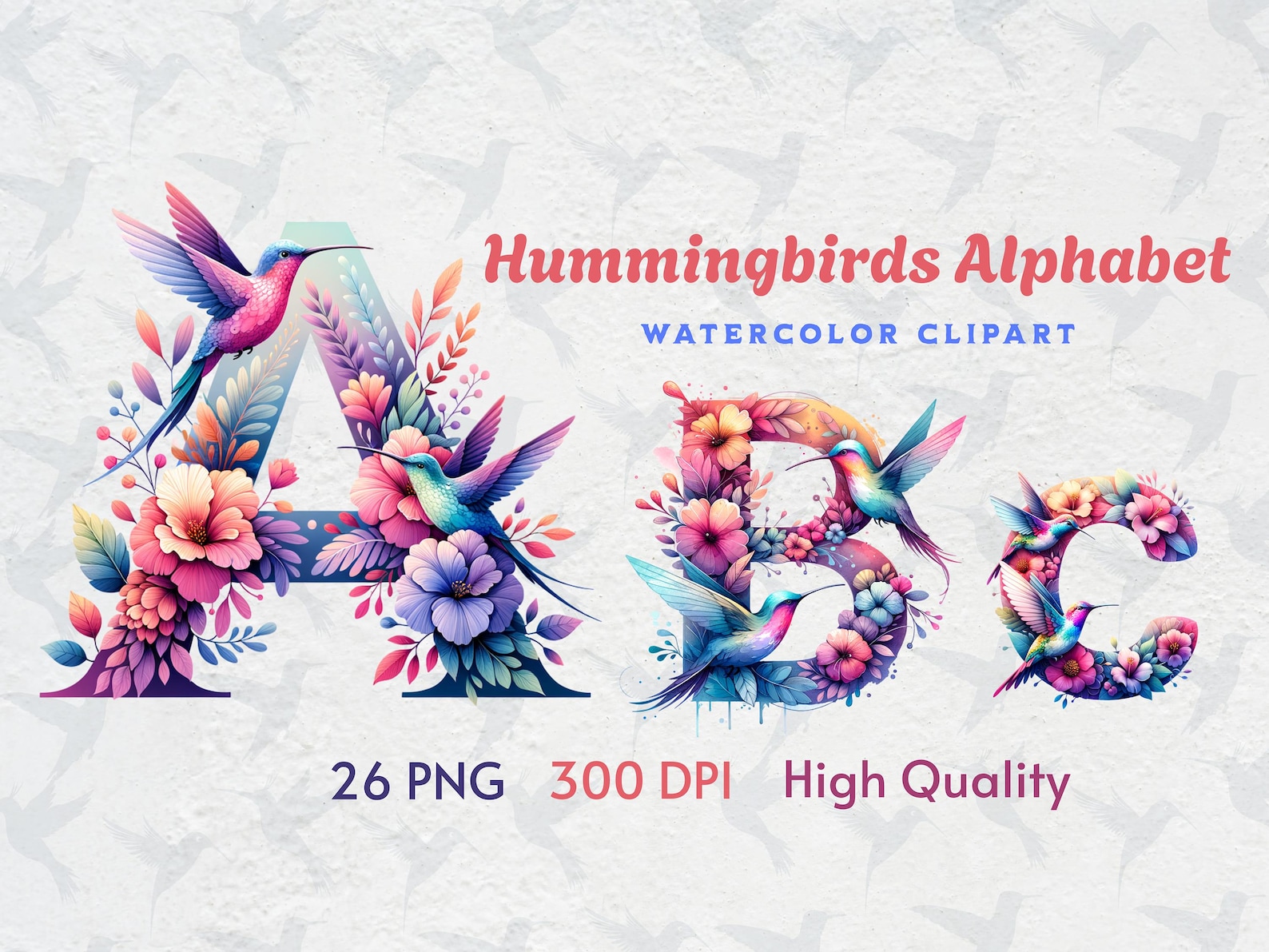 26 PNG, Watercolor Hummingbirds Alphabet Collection Clipart, Colorful ...