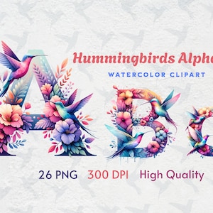 26 PNG, Watercolor Hummingbirds Alphabet Collection Clipart, Colorful ...