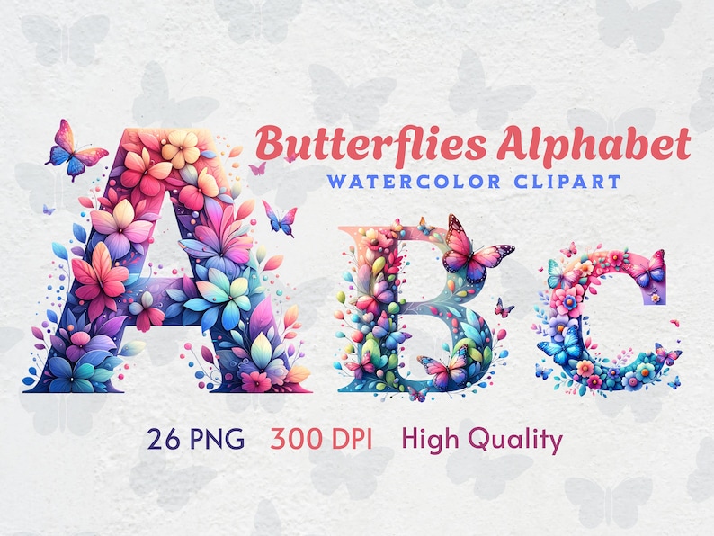 26 PNG, Watercolor Butterflies Alphabet Collection Clipart, Colorful ...