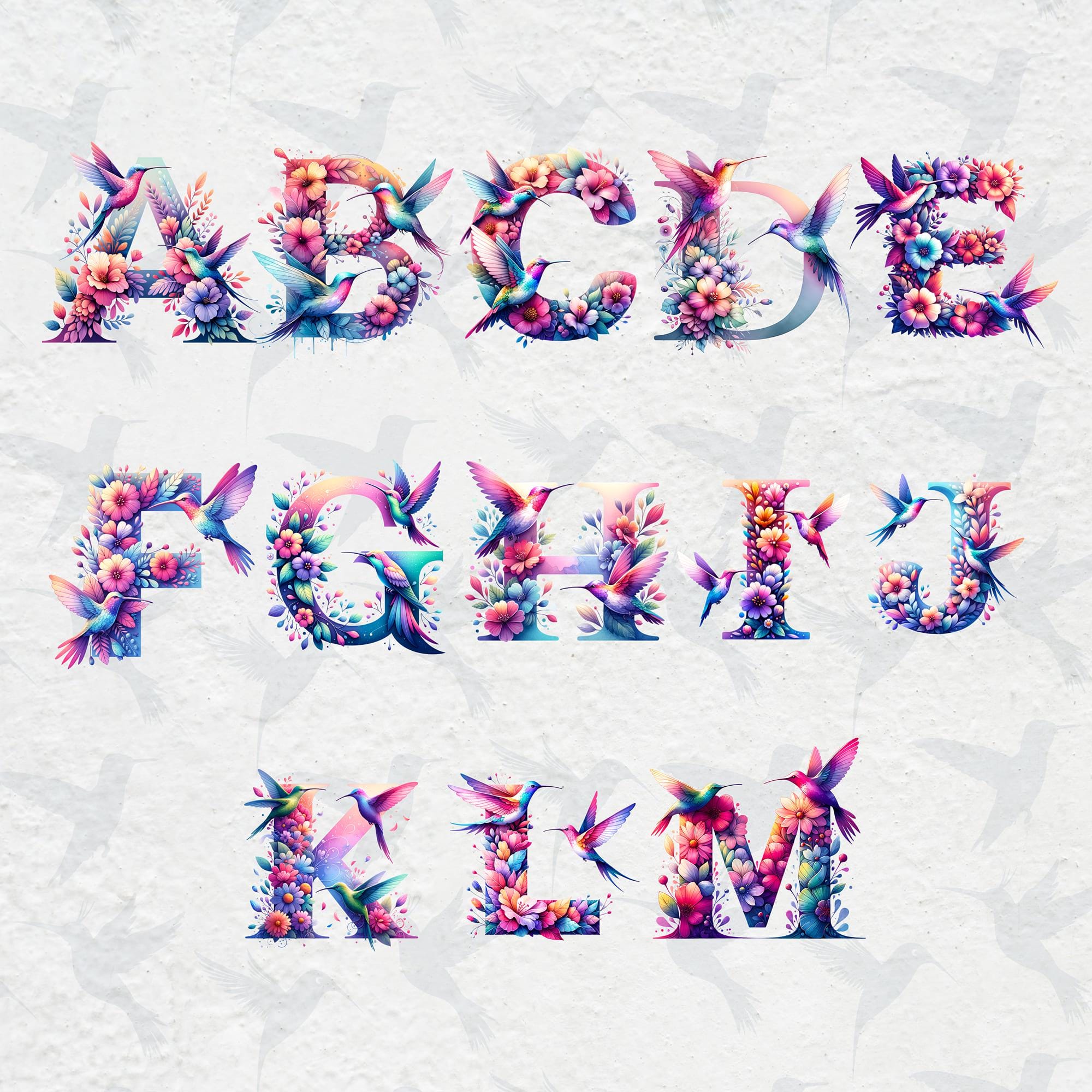 26 PNG, Watercolor Hummingbirds Alphabet Collection Clipart, Colorful ...