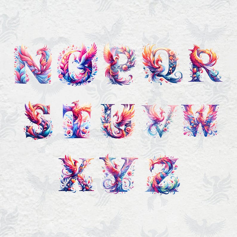 26 PNG, Watercolor Phoenix Alphabet Collection Clipart, Colorful ...