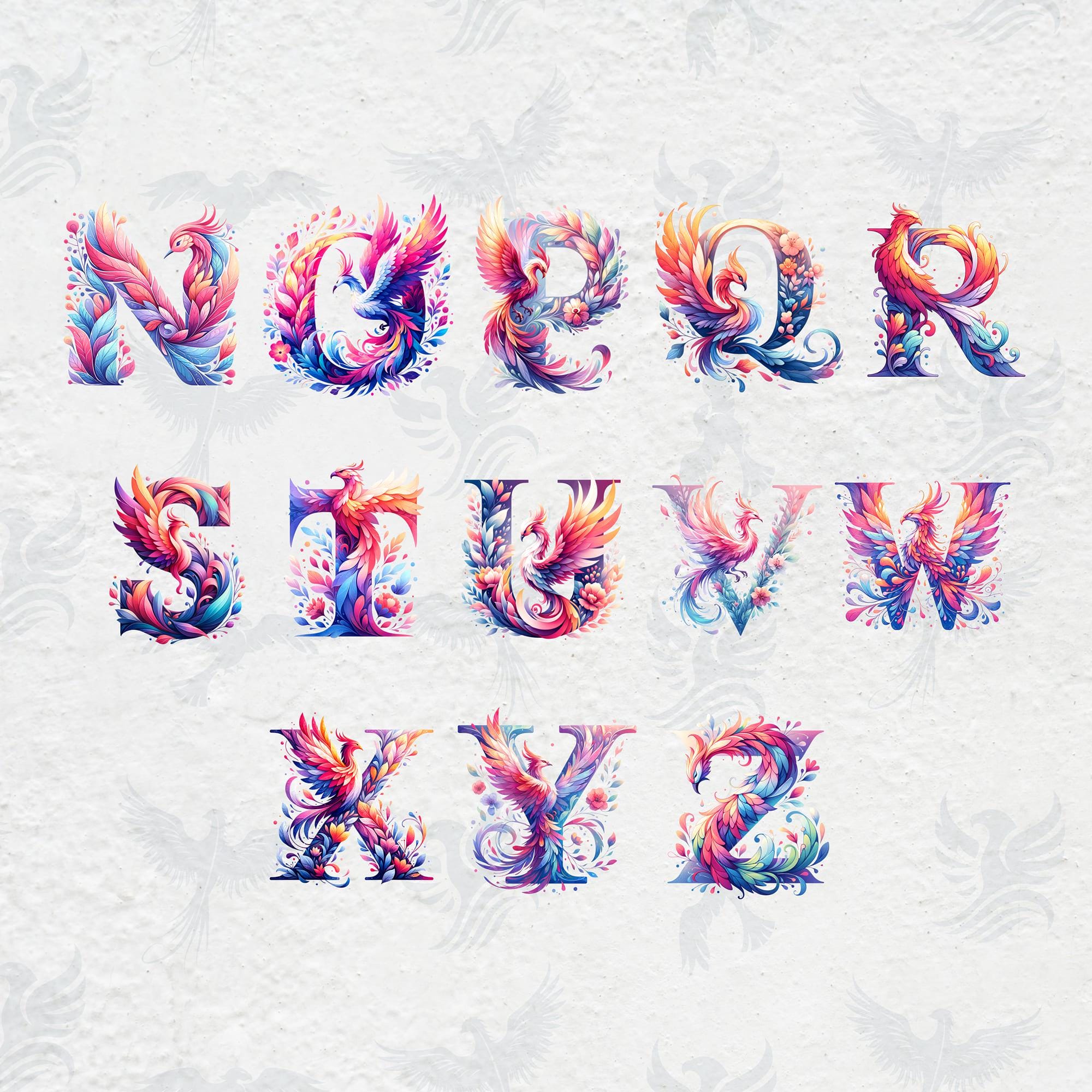 26 PNG, Watercolor Phoenix Alphabet Collection Clipart, Colorful ...
