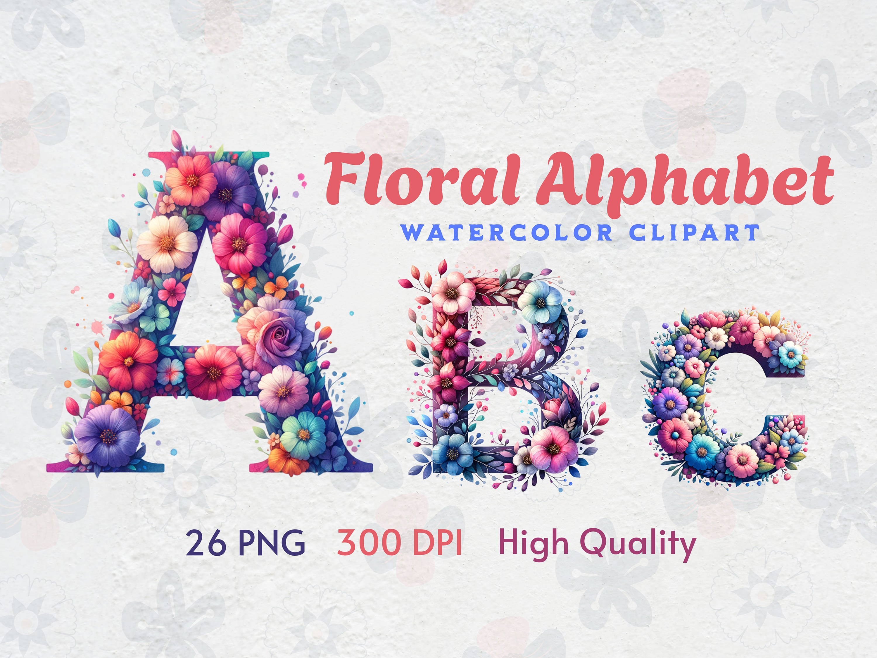 26 PNG, Watercolor Floral Alphabet Collection Clipart, Colorful Floral ...