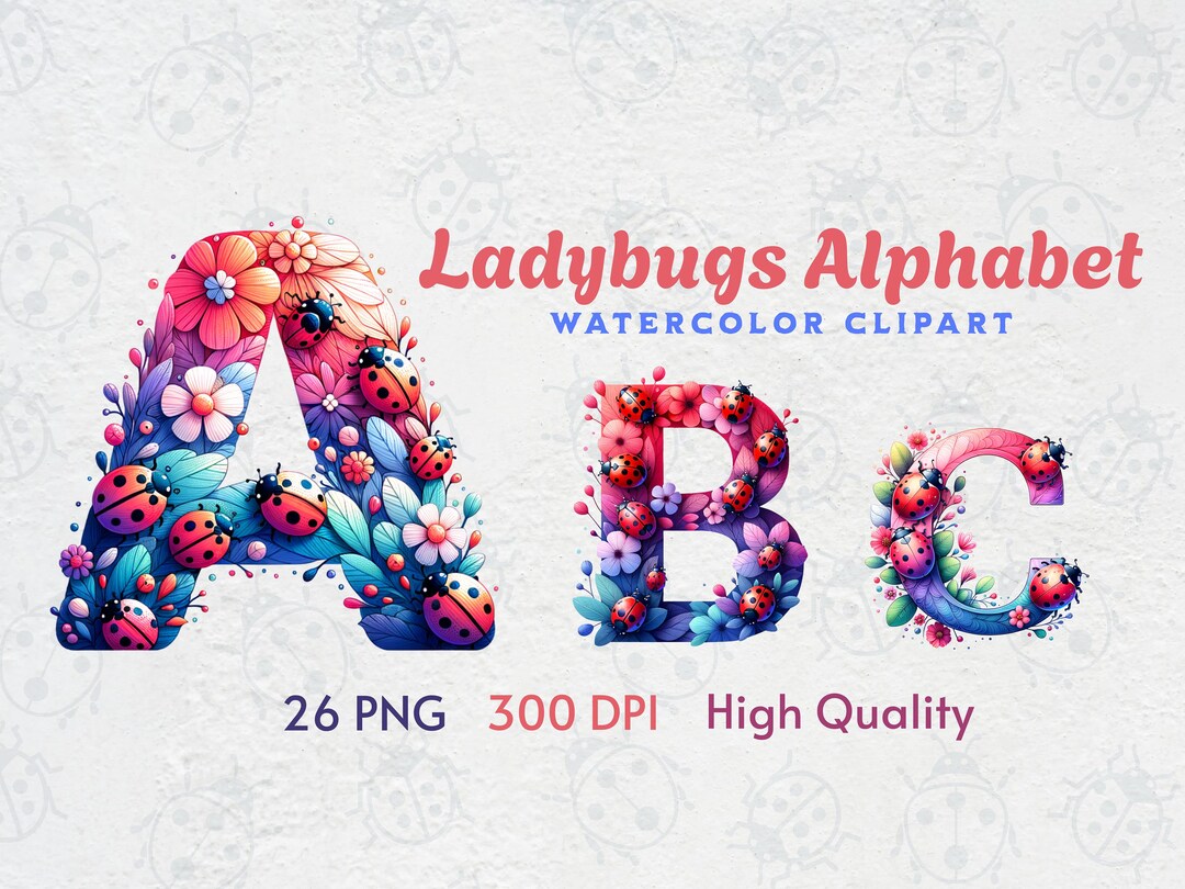 26 PNG, Watercolor Ladybugs Alphabet Collection Clipart, Colorful ...