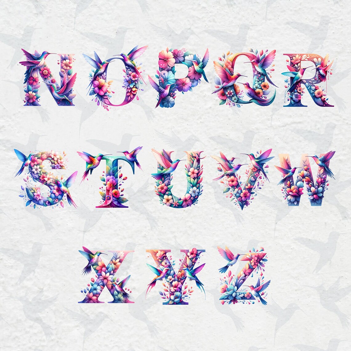 26 PNG, Watercolor Hummingbirds Alphabet Collection Clipart, Colorful ...