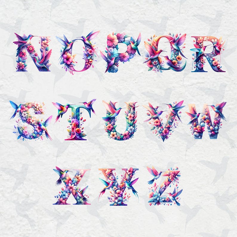 26 PNG, Watercolor Hummingbirds Alphabet Collection Clipart, Colorful ...