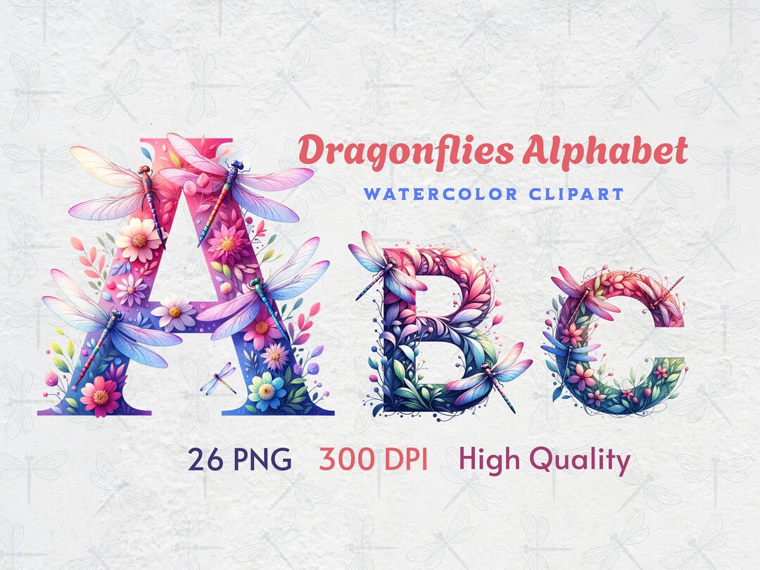 26 PNG, Watercolor Dragonflies Alphabet Collection Clipart, Colorful ...