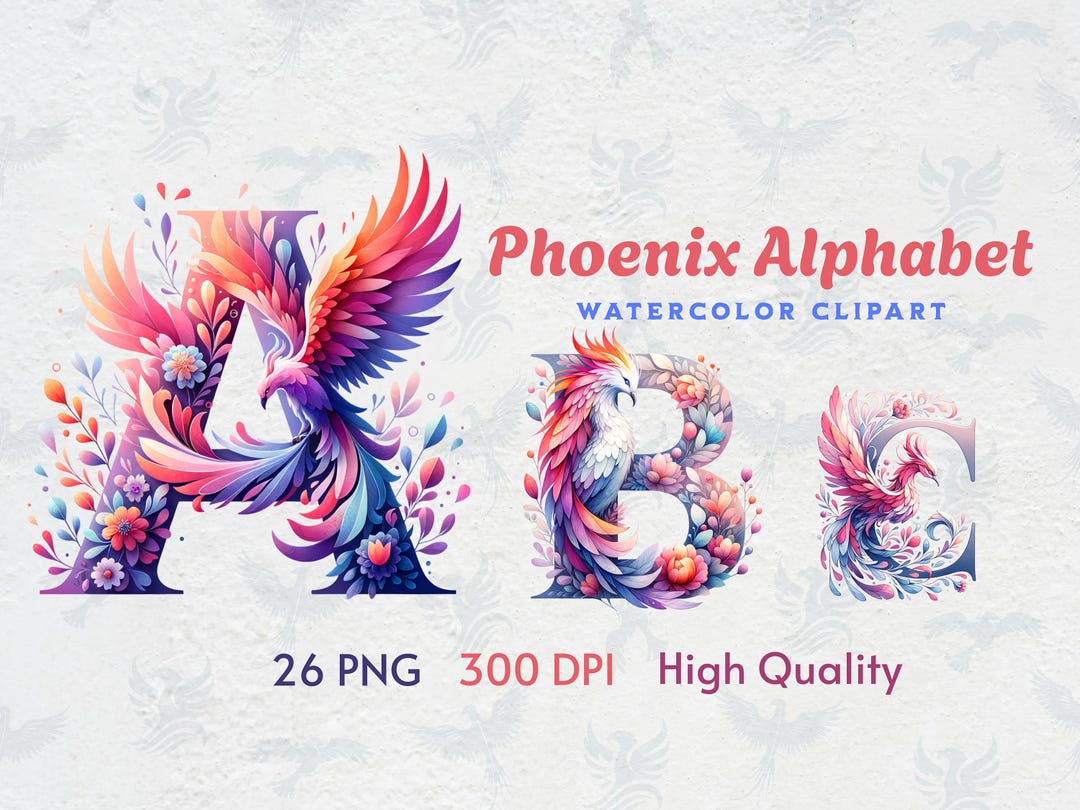 26 PNG, Watercolor Phoenix Alphabet Collection Clipart, Colorful ...