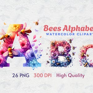 26 PNG, Watercolor Bees Alphabet Collection Clipart, Colorful Bees ...