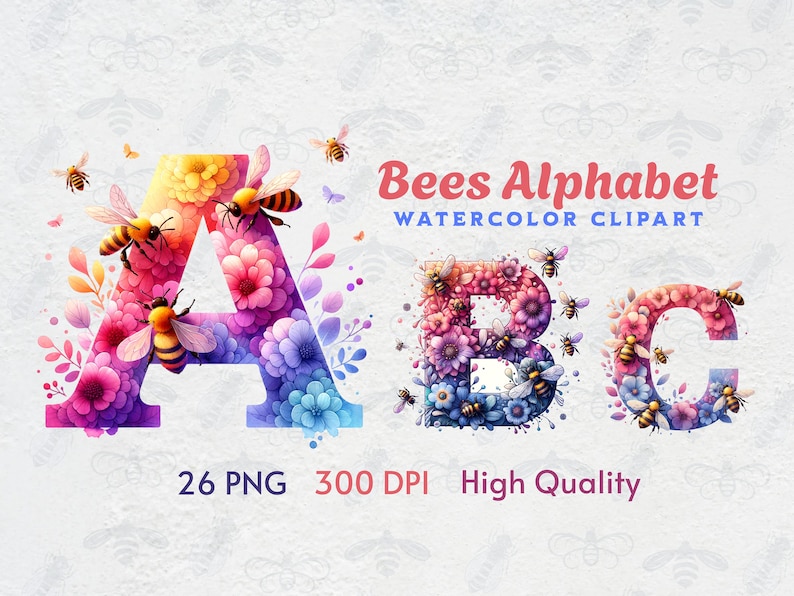 26 PNG, Watercolor Bees Alphabet Collection Clipart, Colorful Bees ...