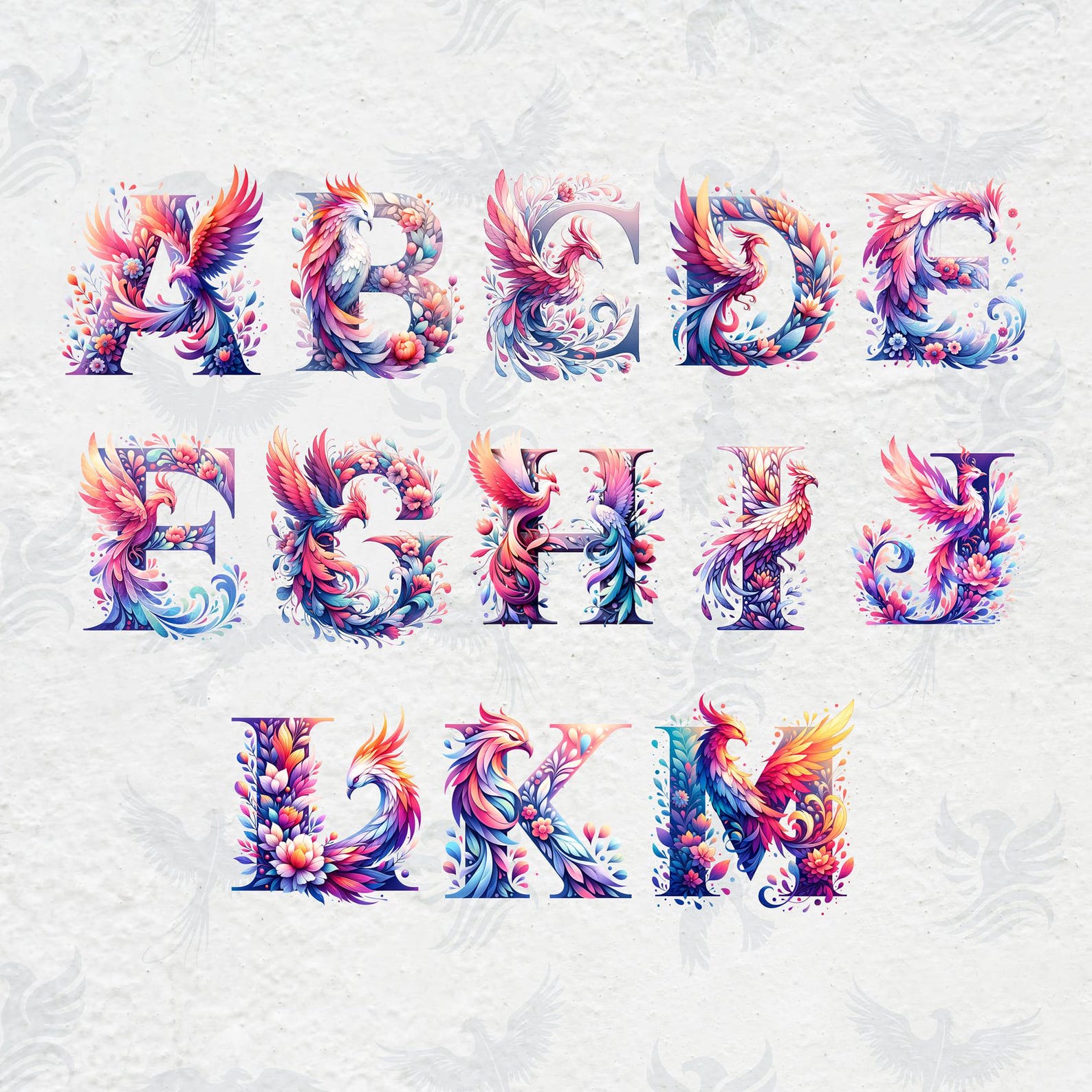 26 PNG, Watercolor Phoenix Alphabet Collection Clipart, Colorful ...